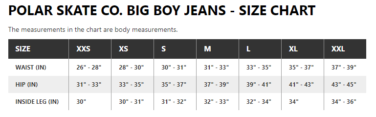 Polar Big Boys Size Chart